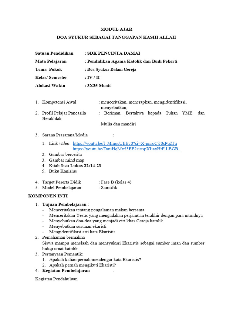 MA. KLS 4. Pel. 4A. Doa Syukur Dalam Gereja | PDF