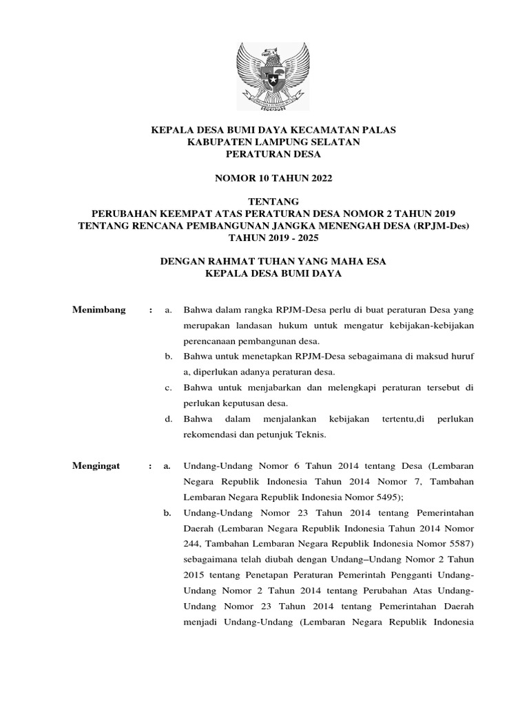 Peraturan Desa No. 10 Tahun 2022 Tentang Perubahan Keempat Atas Perdes No. 2 Tahun 2019 Tentang ...