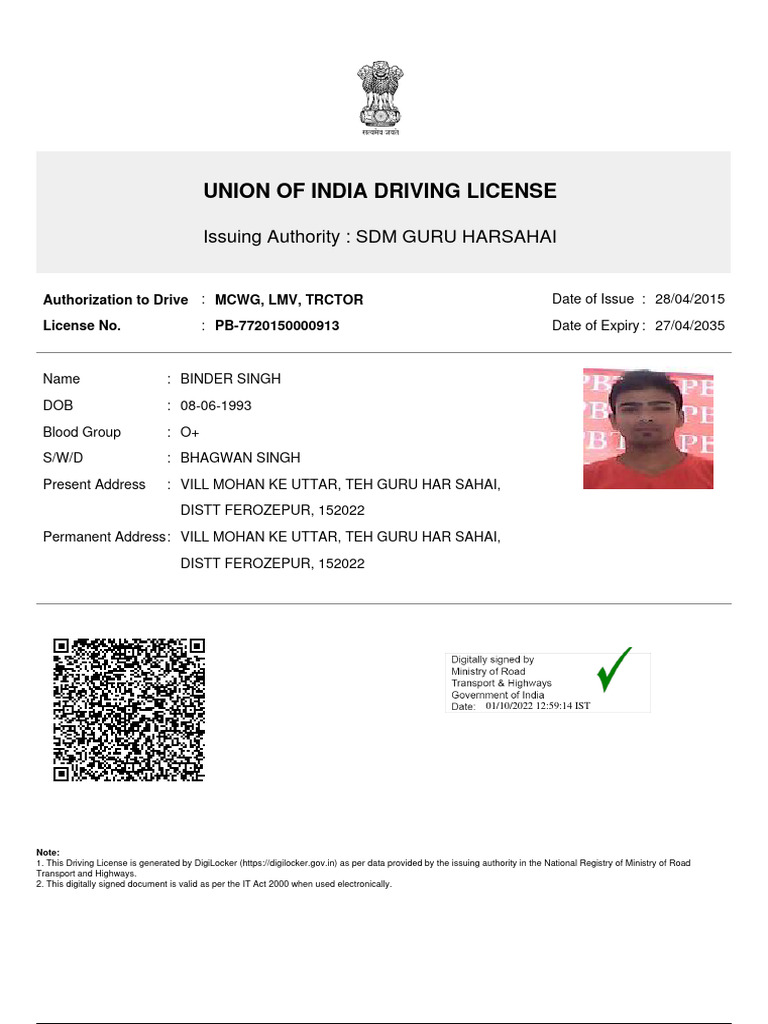 Union of India Driving License Details | PDF