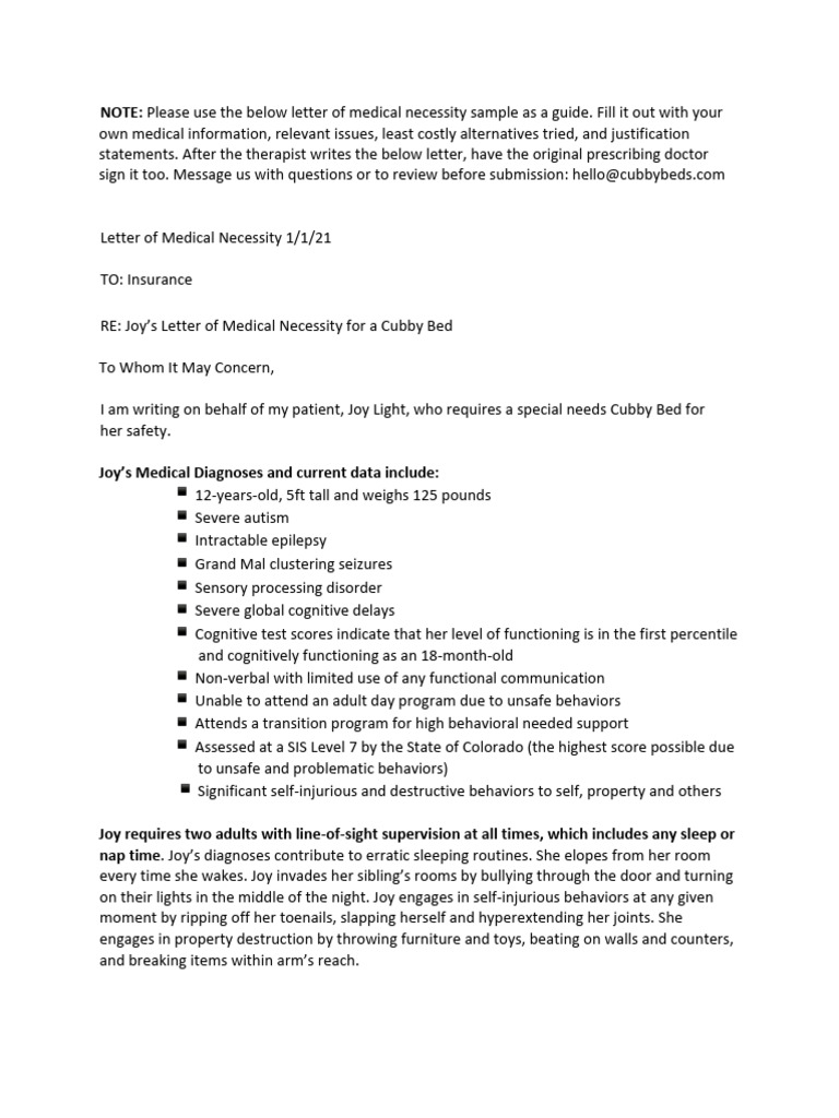 Example Letter of Medical Necessity | PDF | Sleep | Caregiver