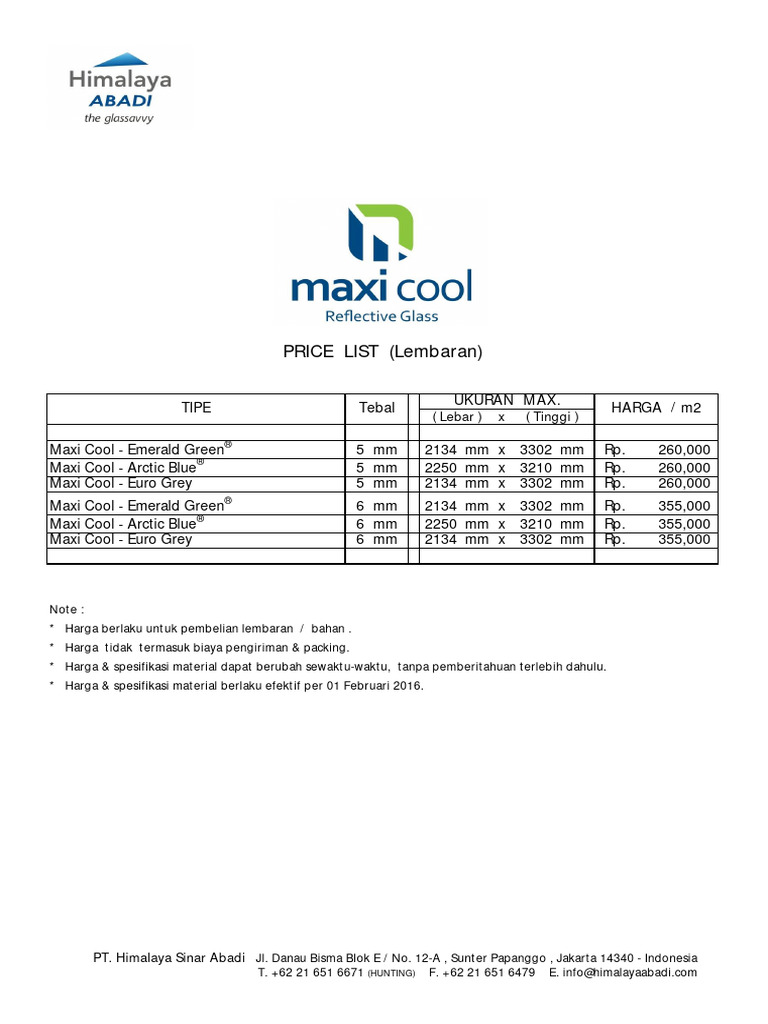 Daftar Harga Kaca Maxi Cool 2016 | PDF