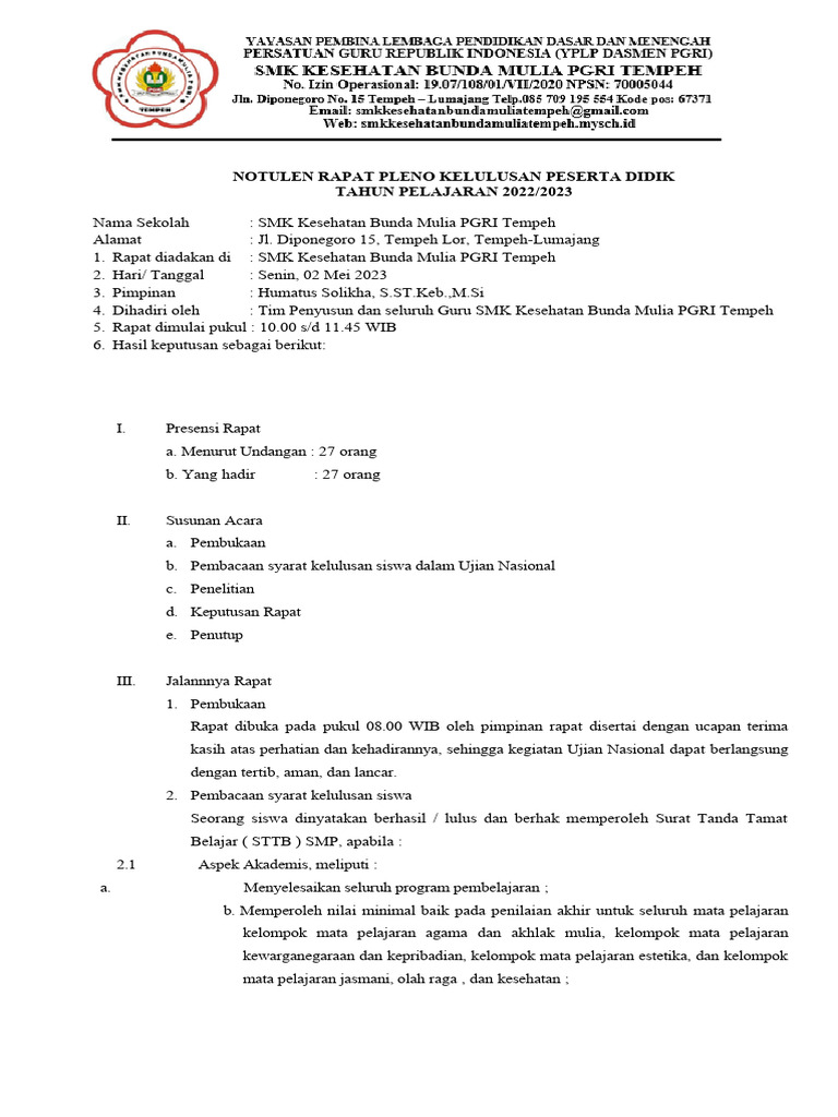 Contoh Rapat Pleno Kelulusan Pdf