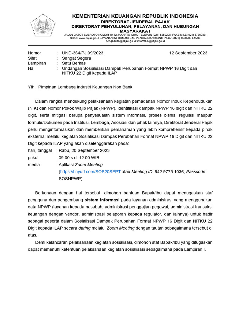 Undangan Sosialisasi Dampak Perubahan Format NPWP Dan NITKU | PDF ...