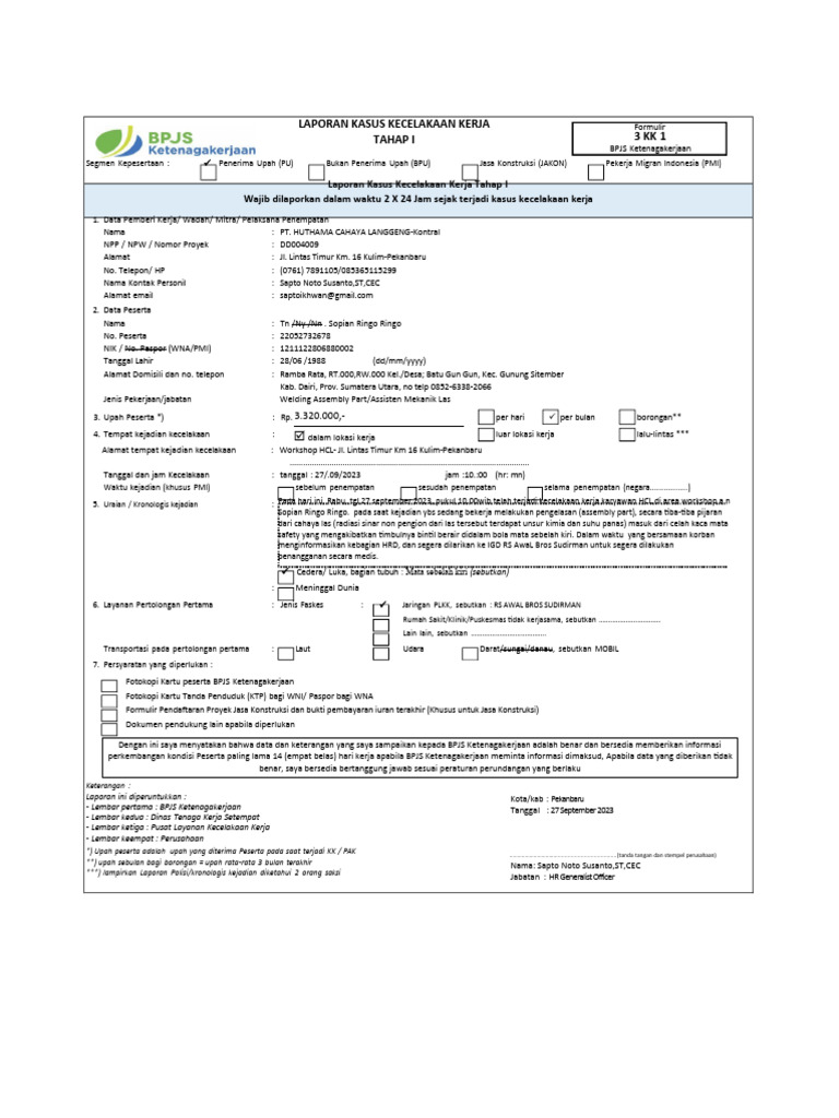 Formulir 3KK1 BPJS Ketenagakerjaan Tahap1 | PDF