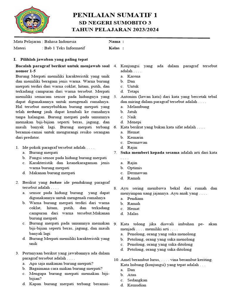 Soal Uh Bindo Bab 1 Kelas 5 | PDF