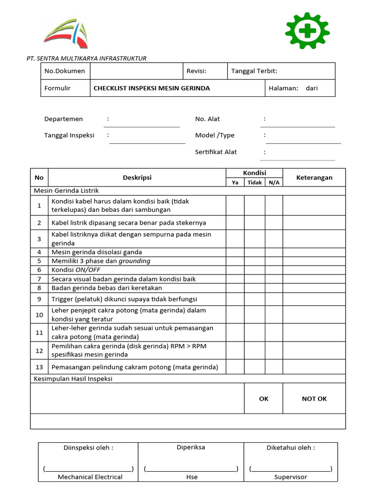 Form Check List Inspeksi Mesin Gerinda | PDF