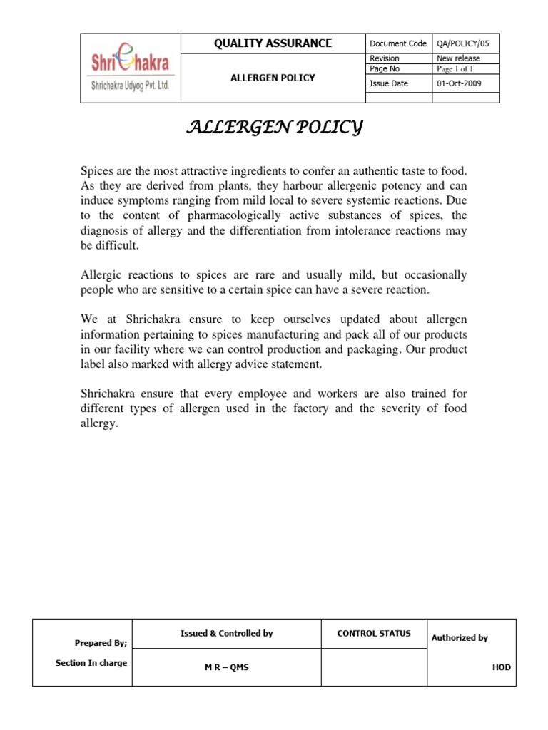 Allergen Policy | PDF