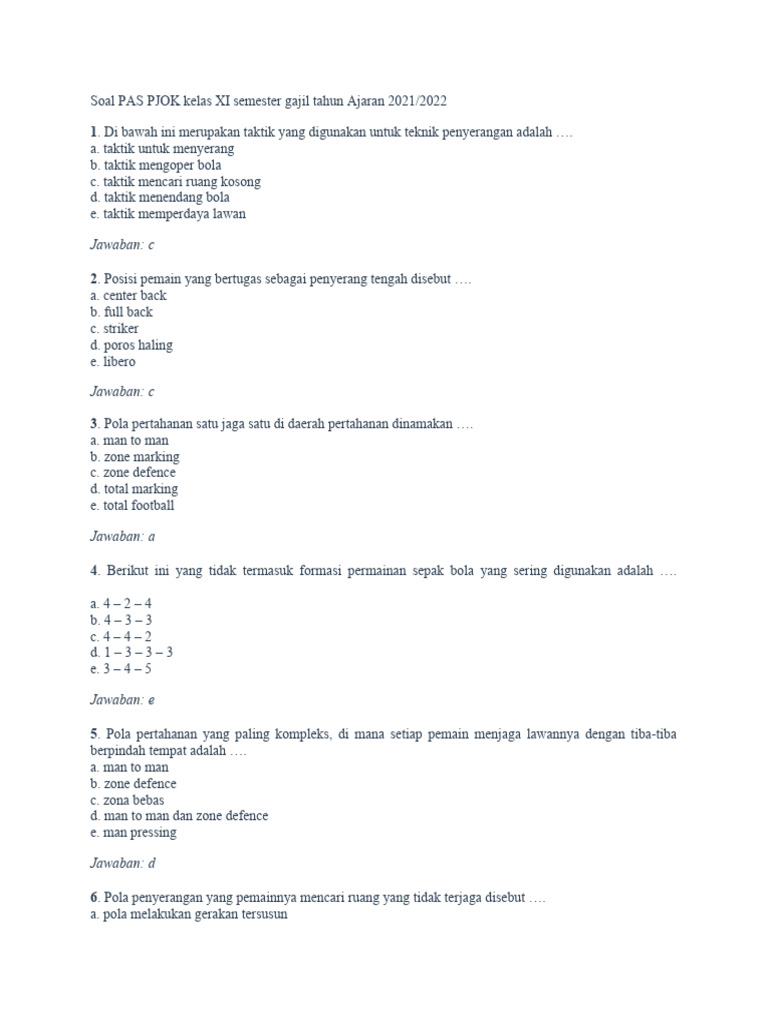 Soal PAS PJOK Kelas XI Semester Gajil Tahun Ajaran 2021 | PDF