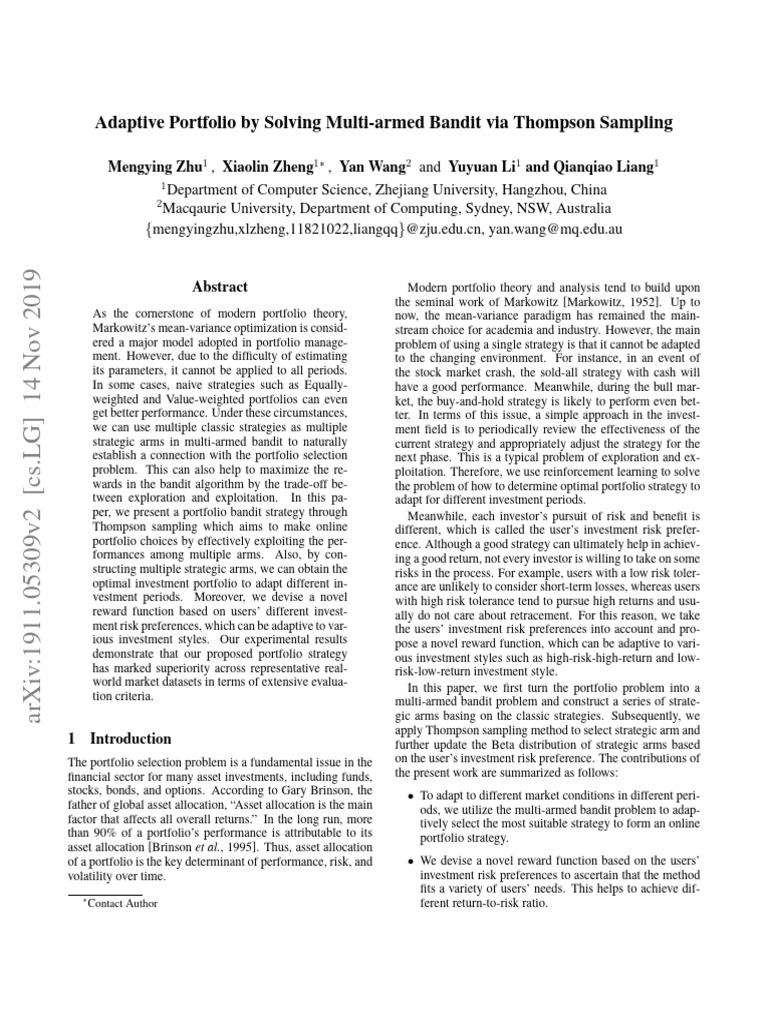 Adaptive Portfolio by Solving Multi-Armed Bandit Via Thompson Sampling ...
