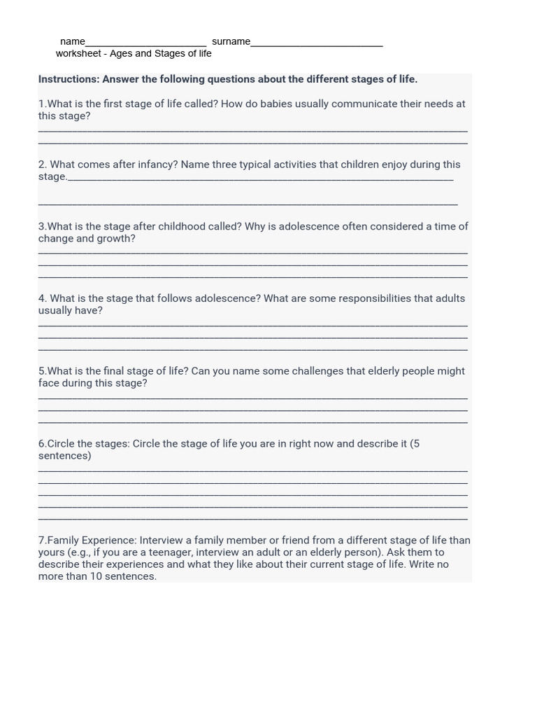 Worksheet Ages and Stages of Life | PDF
