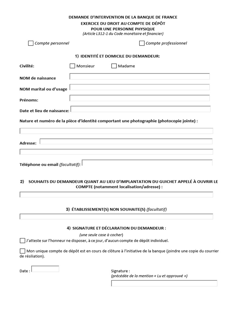 Formulaire de Demande de Droit Au Compte Pour Une Personne Physique | PDF