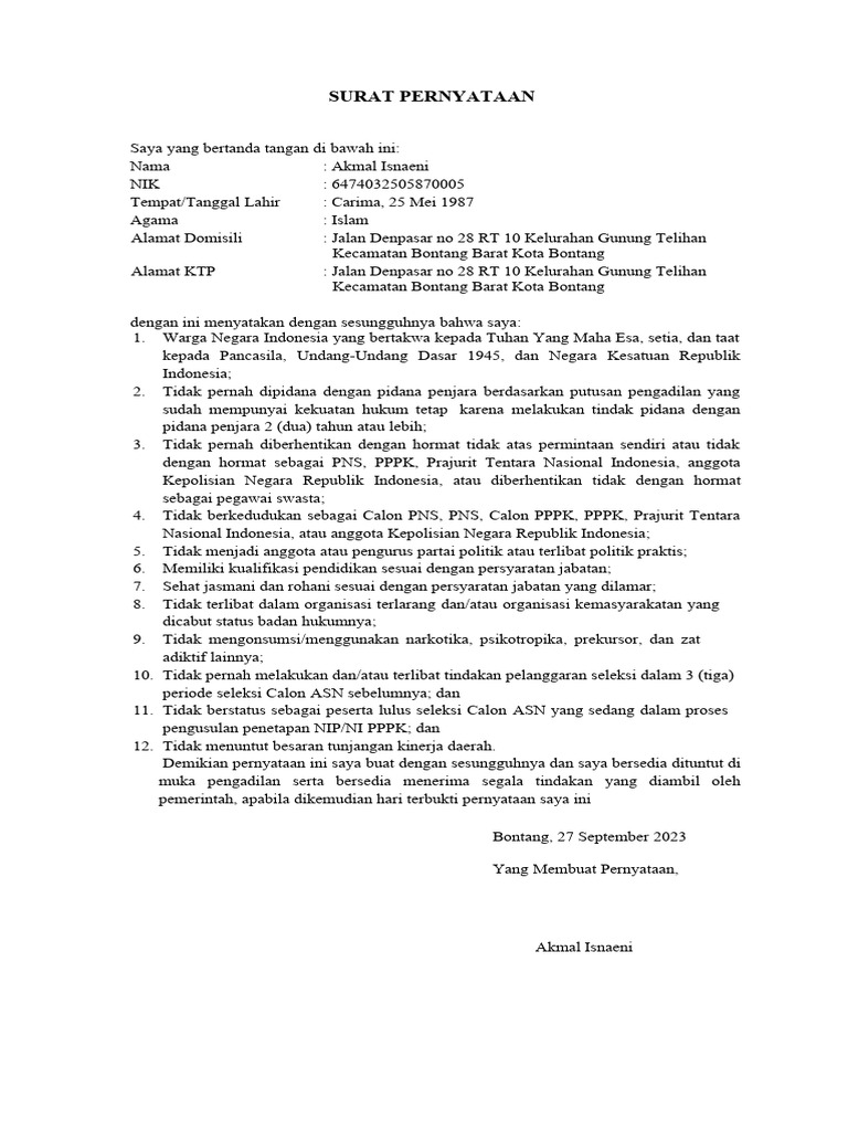 Surat Pernyataan Acc | PDF