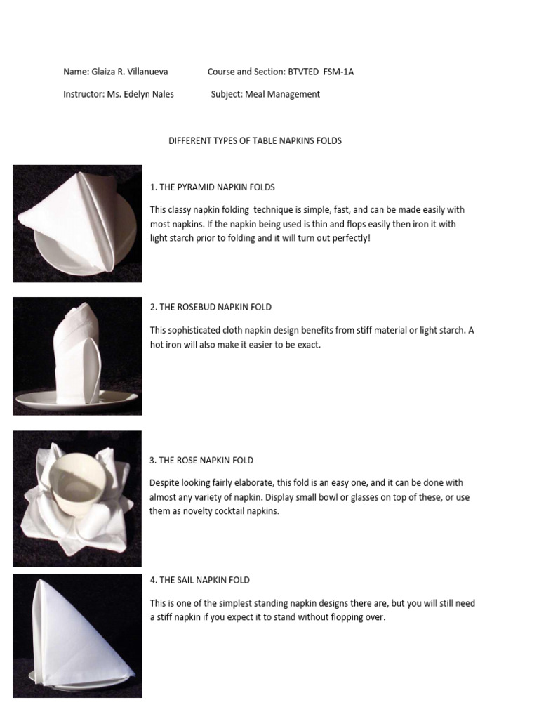 Napkin Folding Techniques Guide | PDF | Home & Garden | Art
