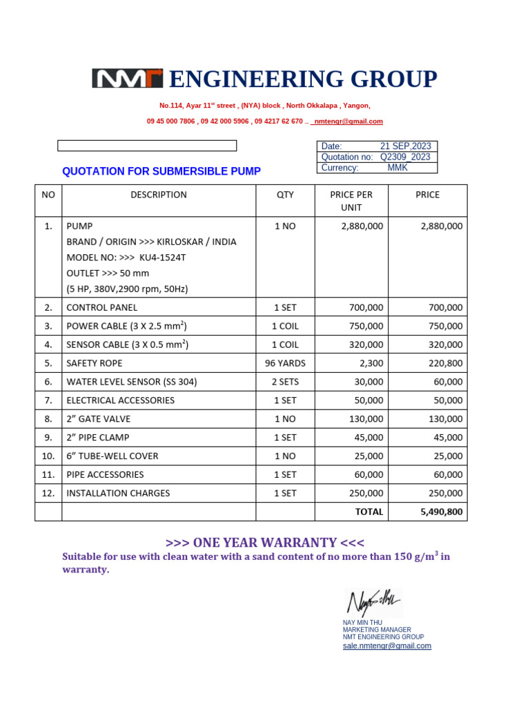 Engineering Group: Quotation For Submersible Pump | PDF