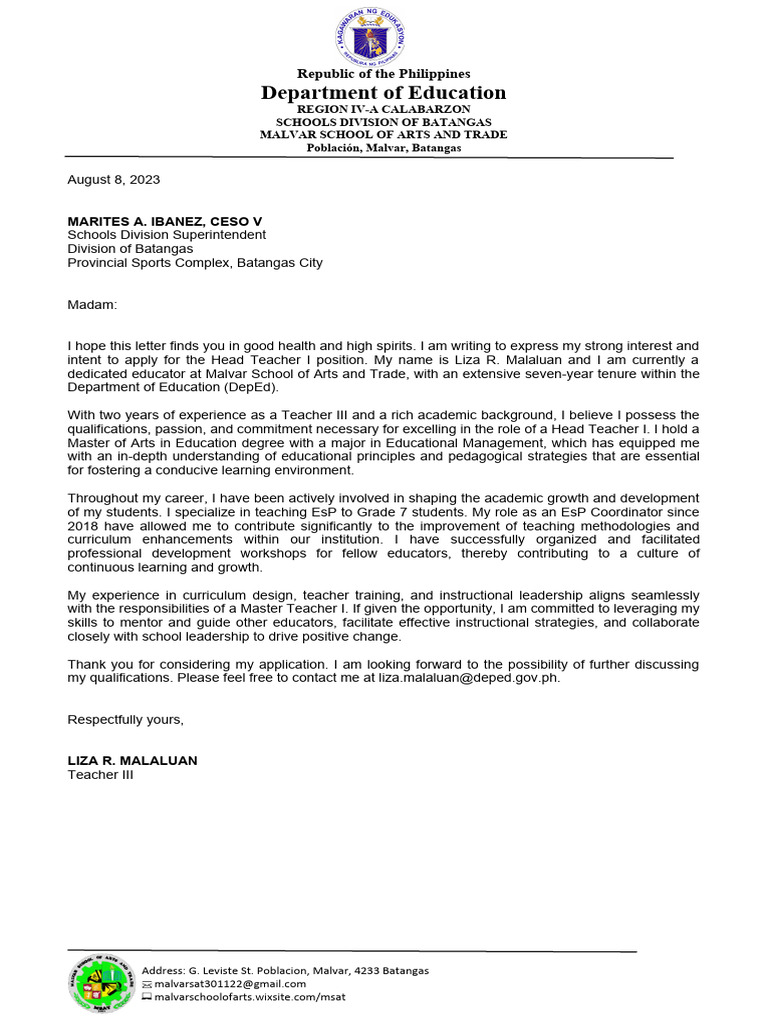 Letter of Intent | PDF | Teachers | Cognition