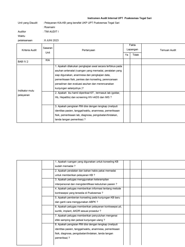 Instrumen Audit Internal KIA-KB | PDF
