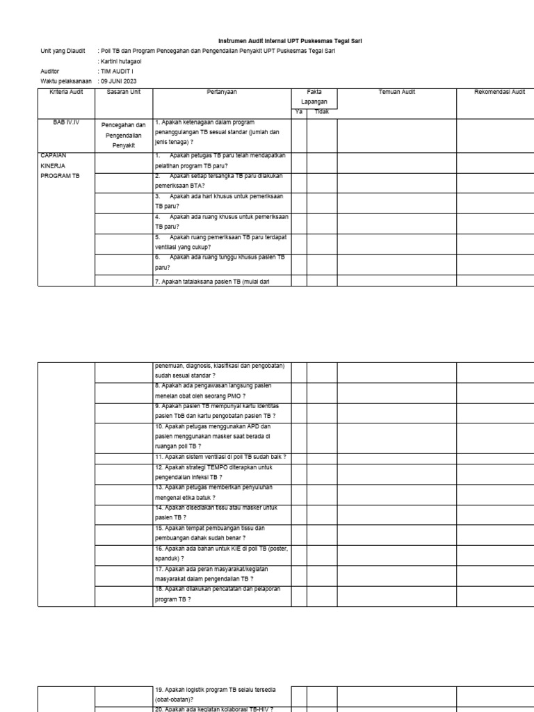 Instrumen Audit Internal Poli TB | PDF