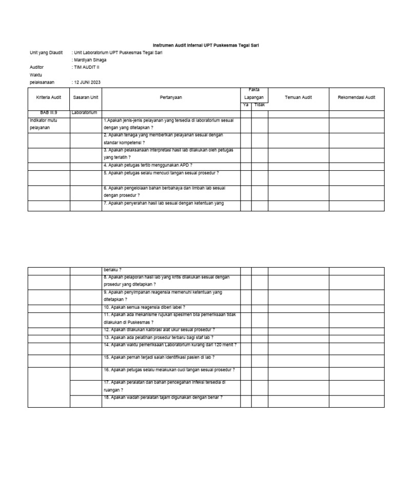 Instrumen Audit Internal Laboratorium | PDF