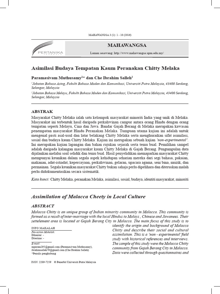 Asimilasi Budaya Tempatan Kaum Peranakan Chitty Melaka: Mahawangsa | PDF