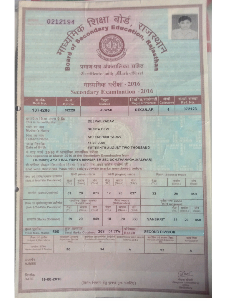 Deepak 10th Marksheet | PDF