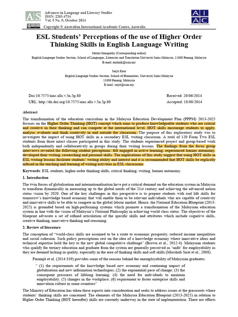 ESL Students Perceptions of The Use of Higher Order Thinking Skills in ...