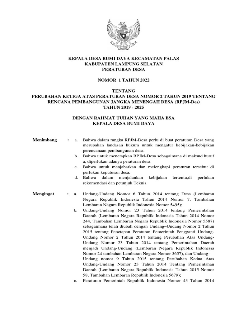 Peraturan Desa No. 1 Tahun 2022 Tentang Perubahan Ketiga RPJMDes 2019 ...