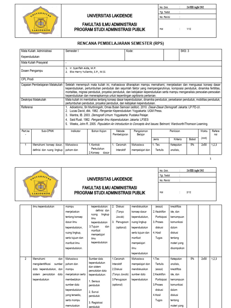 Pengantar Ilmu Kependudukan (RPS) | PDF | Seni & Disiplin Bahasa