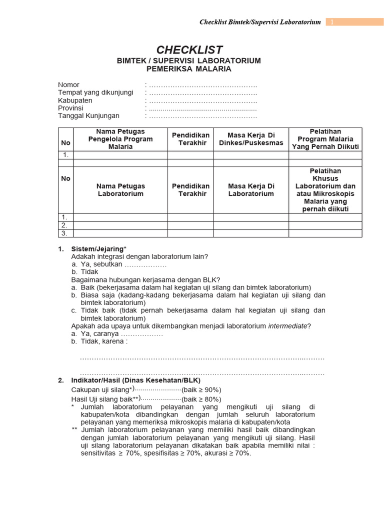 Daftar Tilik Supervisi Laboratorium - 13juni2022 | PDF