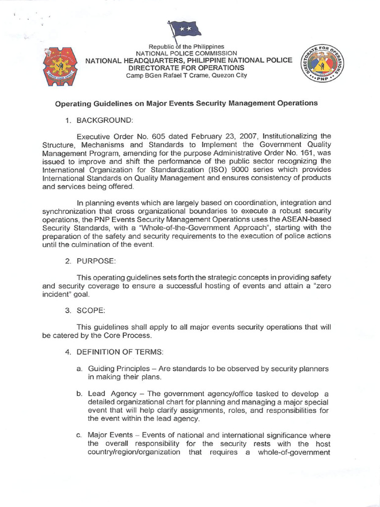 Operating Guidelines On Major Events Security Management Operations | PDF