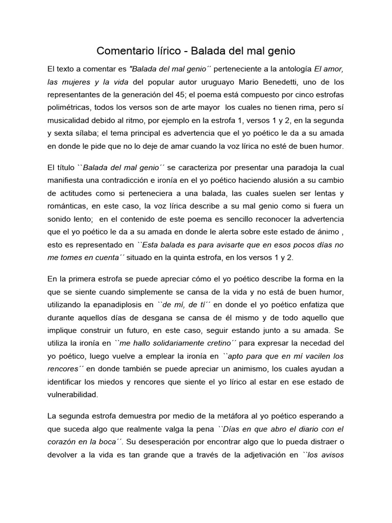 Comentario Lírico - Balada Del Mal Genio | PDF | Poesía