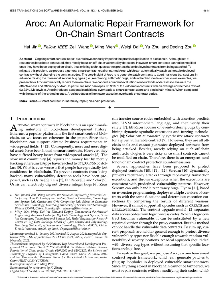 Aroc An Automatic Repair Framework For On-Chain Smart Contracts | PDF