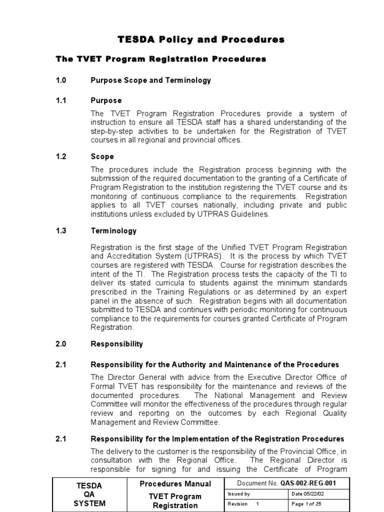 TESDA Policy and Procedures: Document No. QAS-002-REG-001 | PDF ...