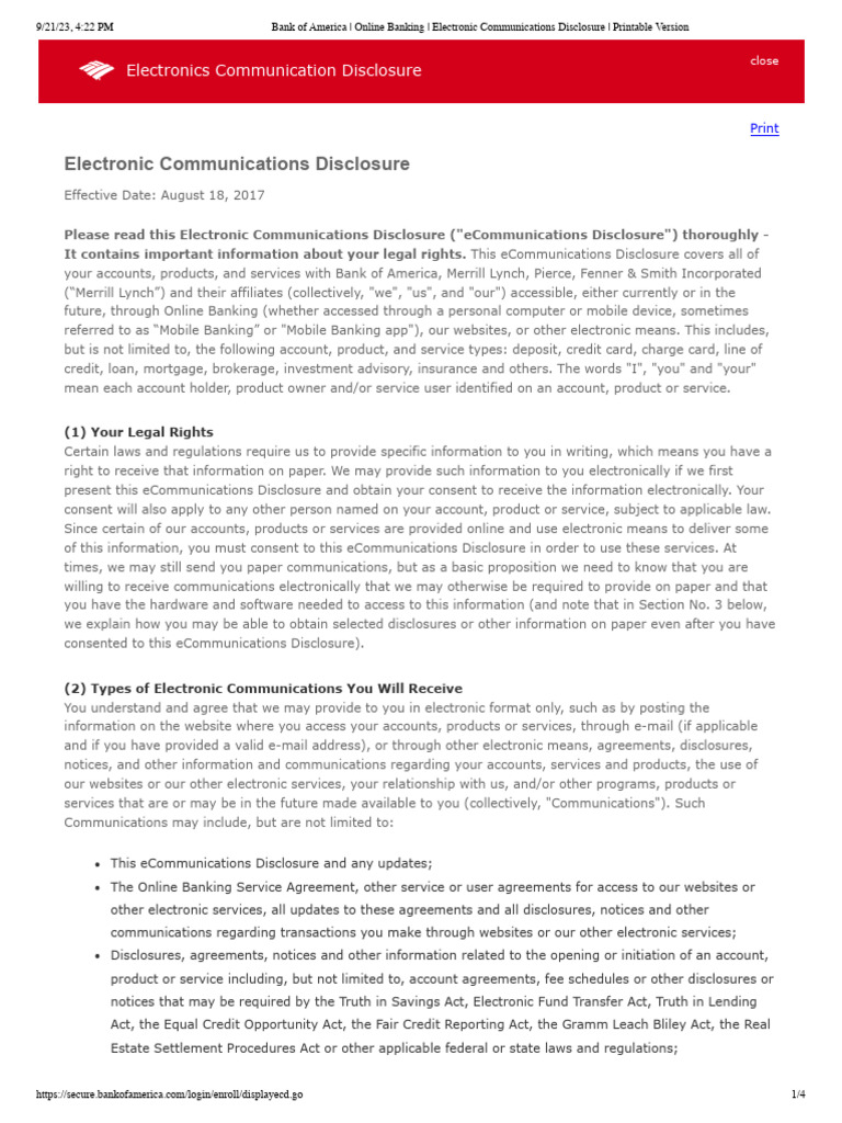 Bank of America - Online Banking - Electronic Communications Disclosure ...