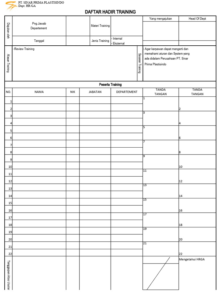 SPP-F-HR-005 Daftar Hadir Training | PDF