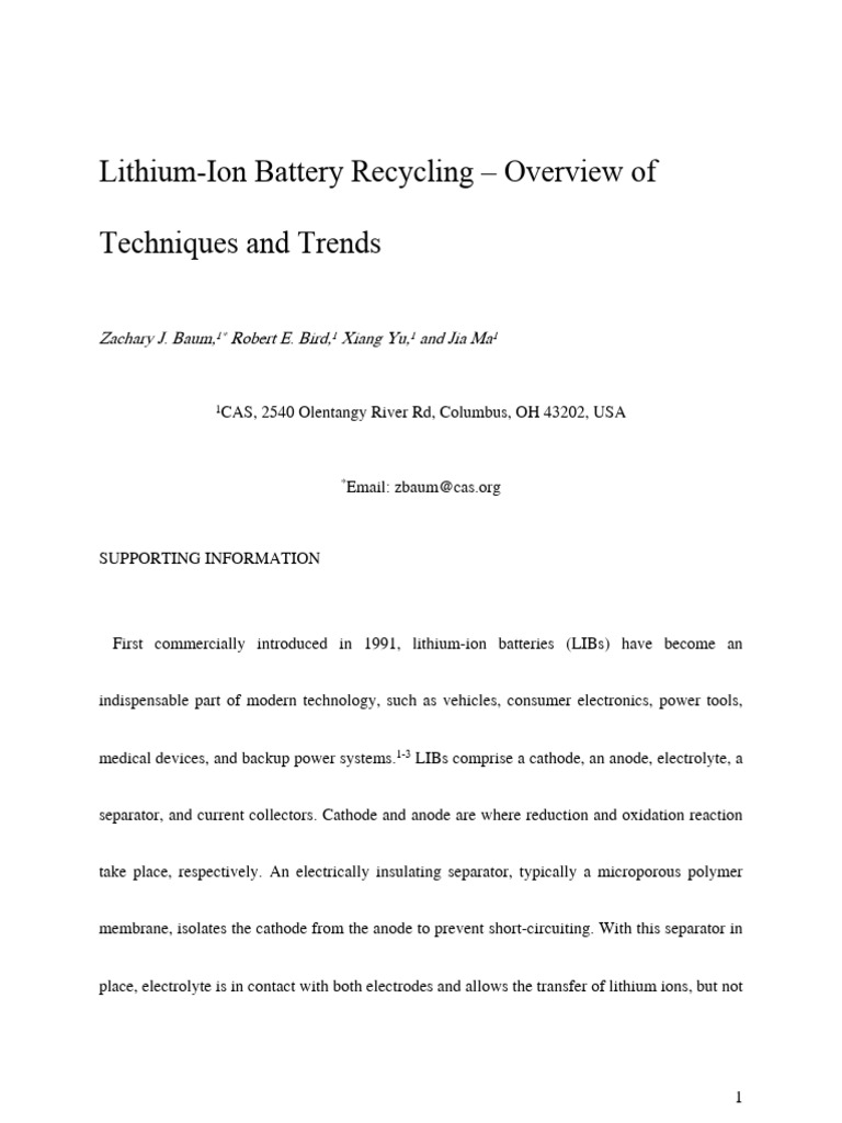 Lithium-Ion Battery Recycling - Overview of Techniques and Trends | PDF
