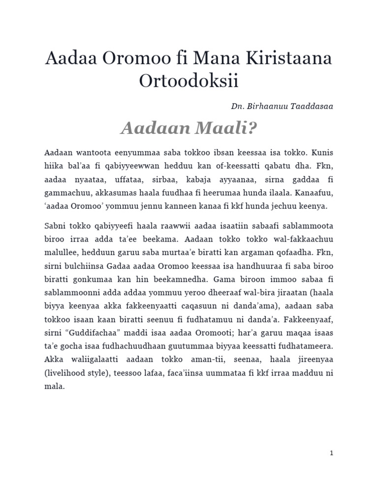 Aadaa Oromoo Fi Mana Kiristaana Ortoodoksii | PDF