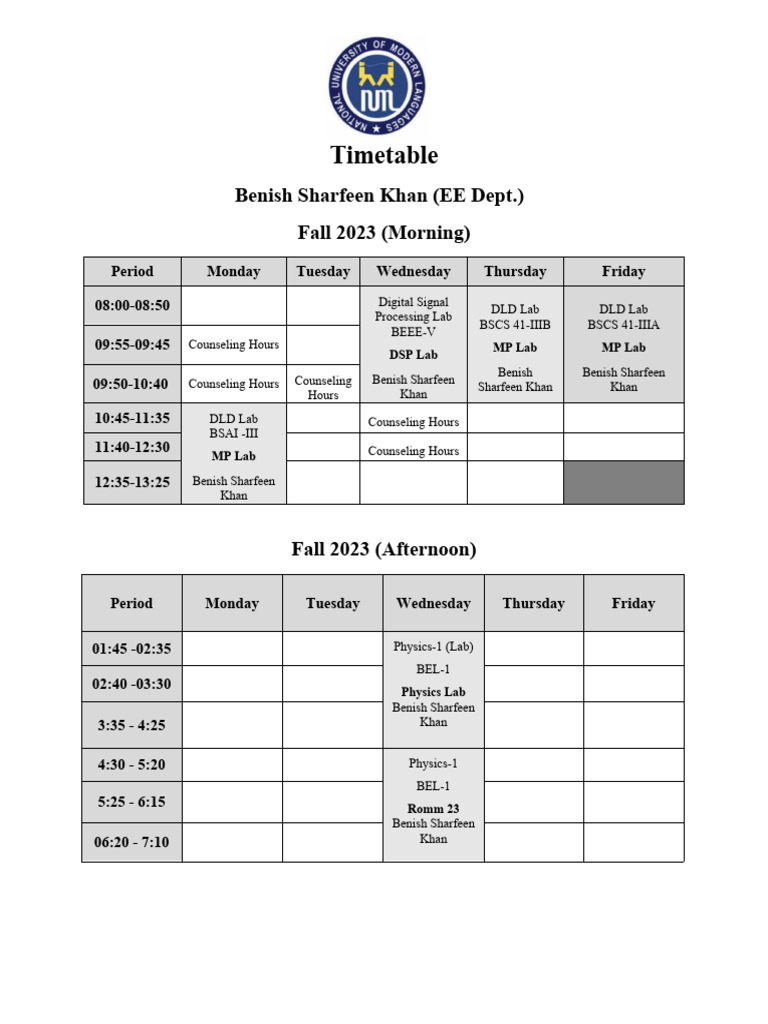 Benish TimeTable (Mor&AF) - Fall-2023 | PDF