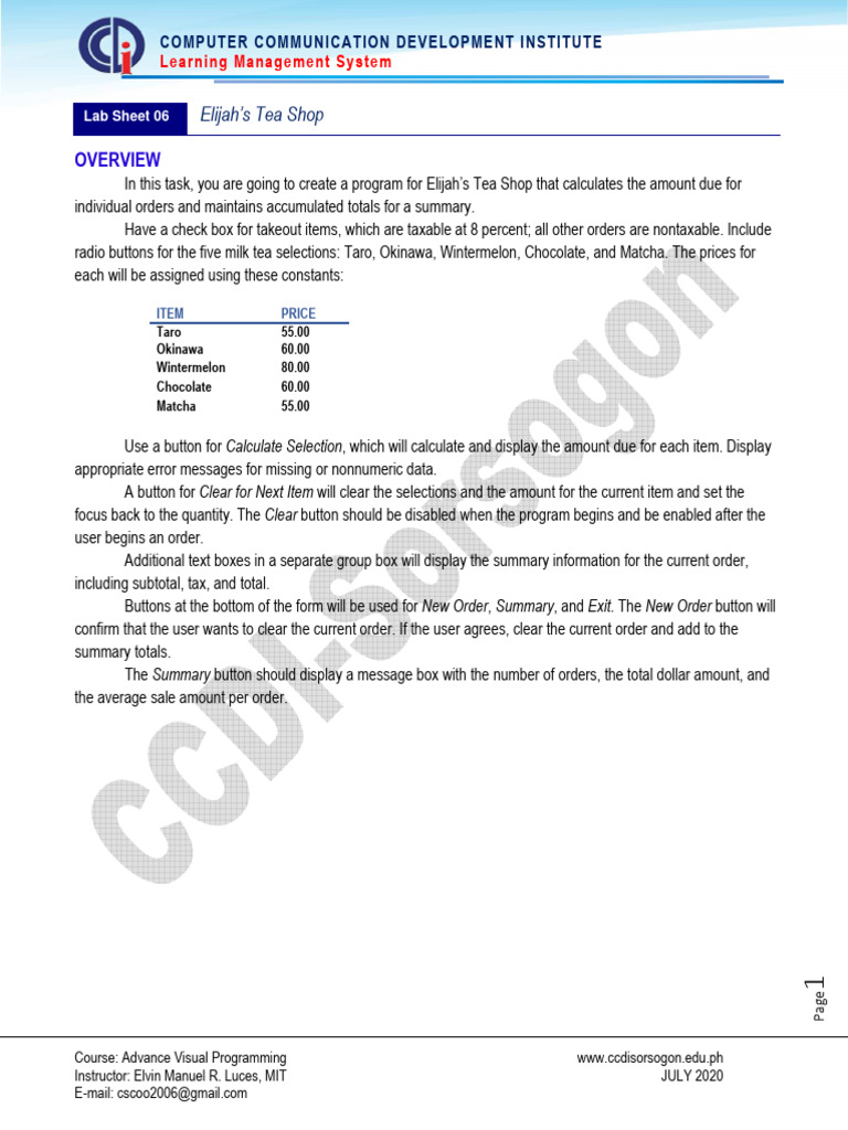 Lab Sheet 06 - Milk Tea Shop Program | PDF