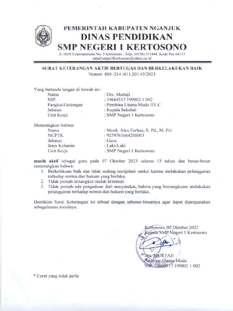 Surat Keterangan Aktif Bertugas Dan Berkelakuan Baik Alex | PDF