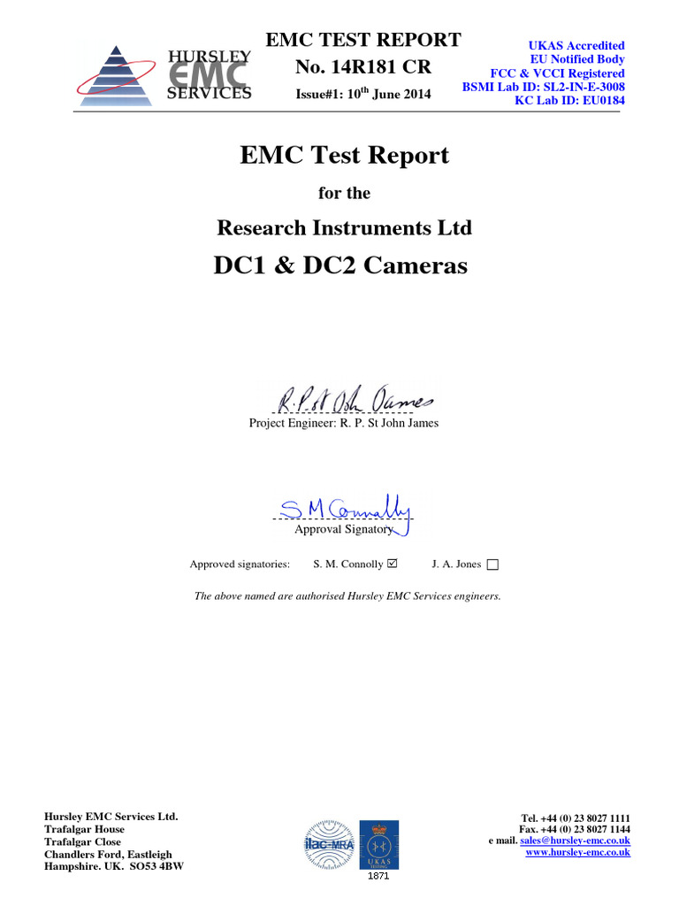 EMC Test Report for DC1 & DC2 Cameras | PDF