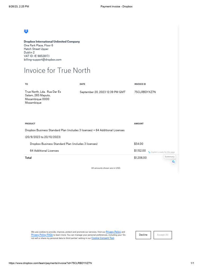 Dropbox Invoice for True North | PDF
