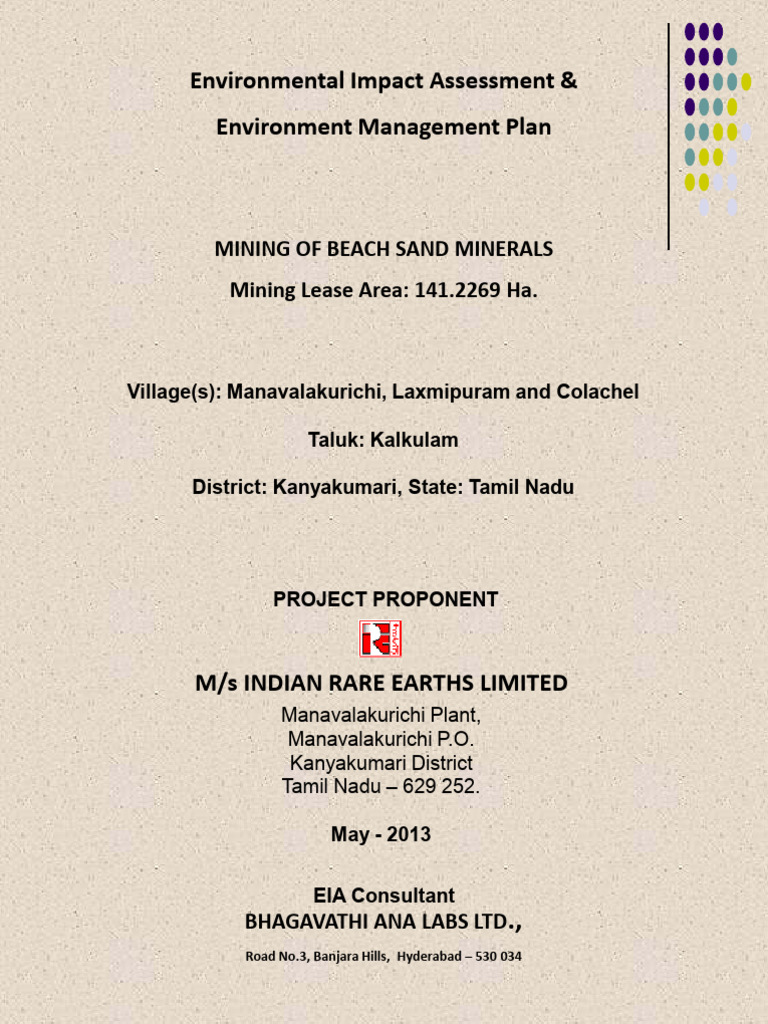 EIA-EMP For Manavalakurichi Beach Sand Mineral Mine | PDF
