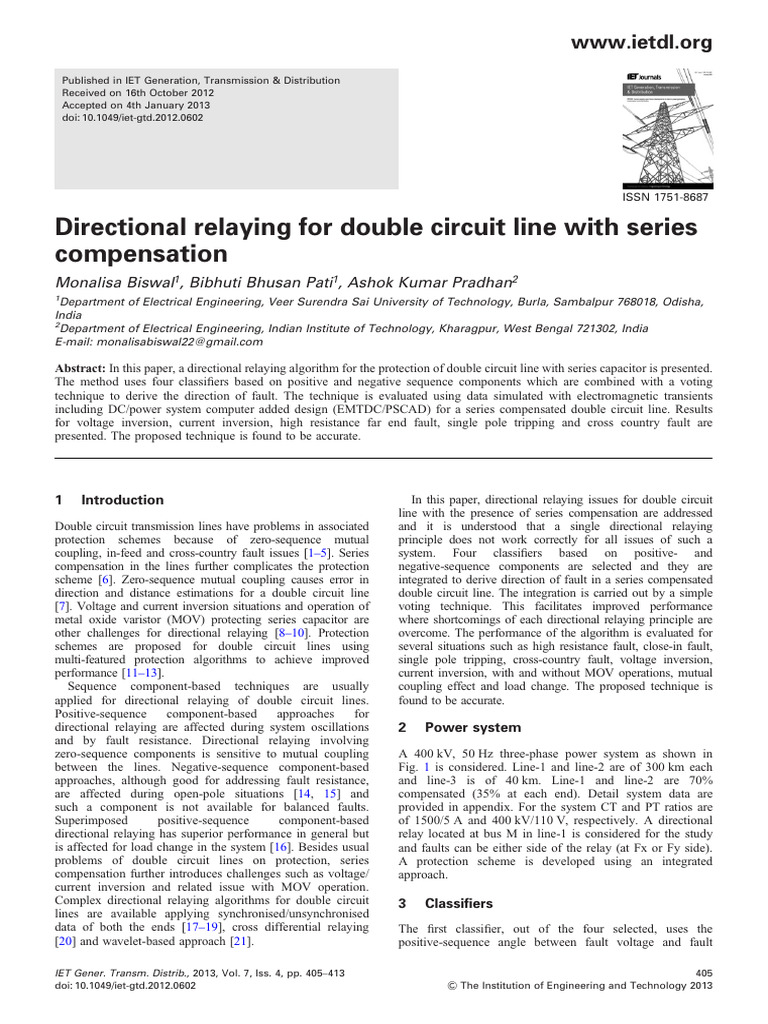 Monalisa Biswal 2013 Directional Relaying For Double Circuit Line With
