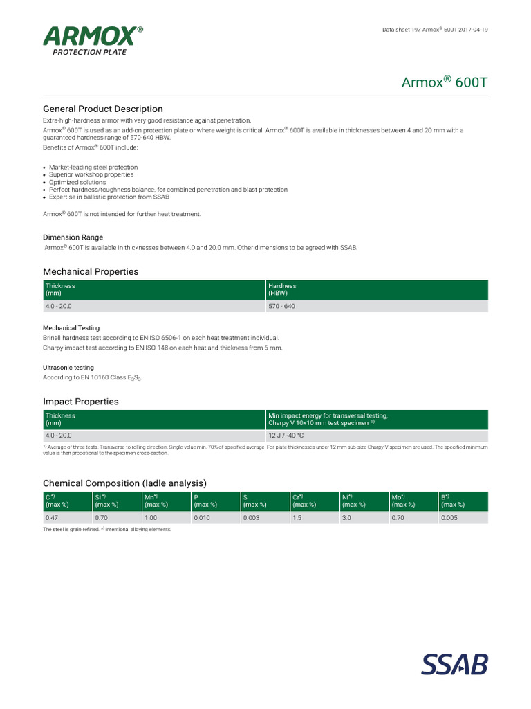 Data Sheet 197 Armox® 600T 2017-04-19 | PDF | Physical Sciences ...