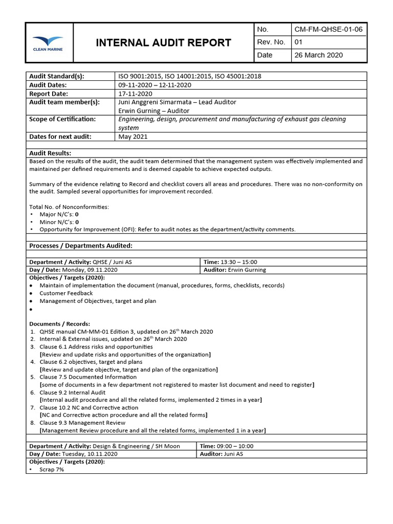 CM-FM-QHSE-01-06 Internal Audit Report 2020 | PDF