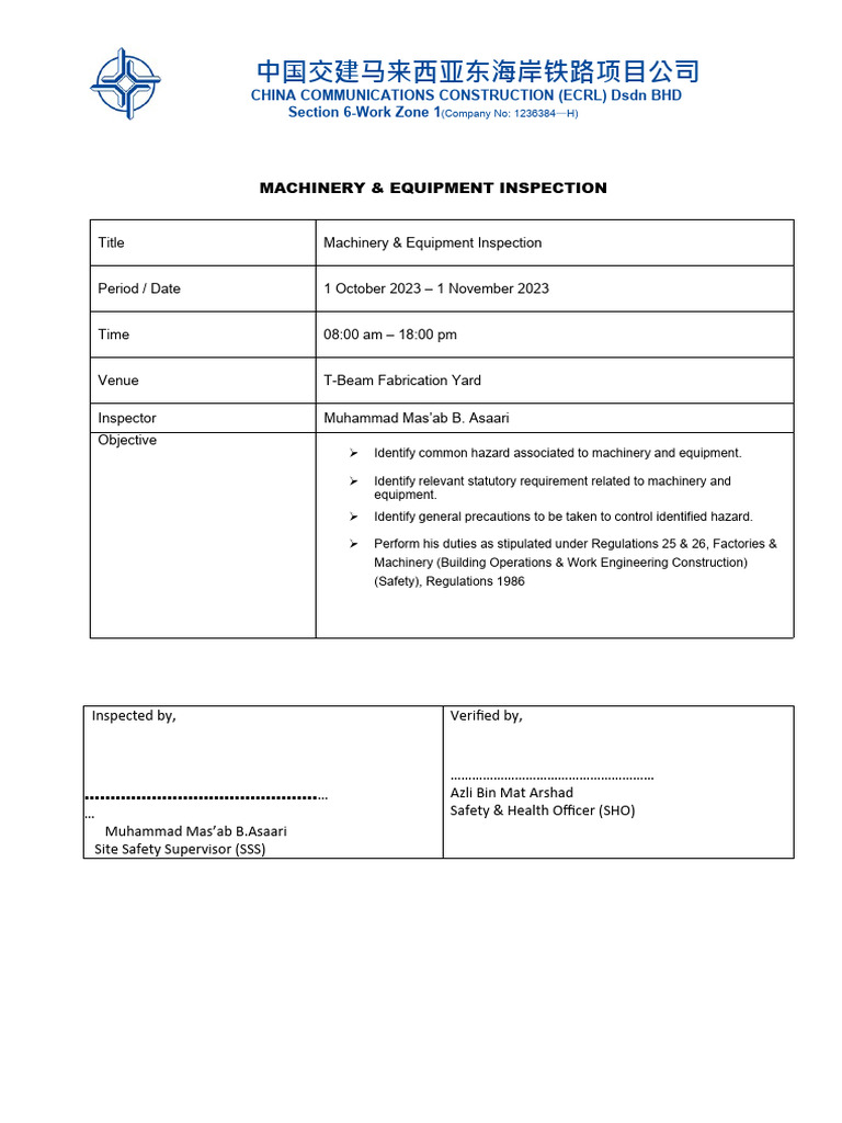 Machinery & Equipment Inspection Report | PDF