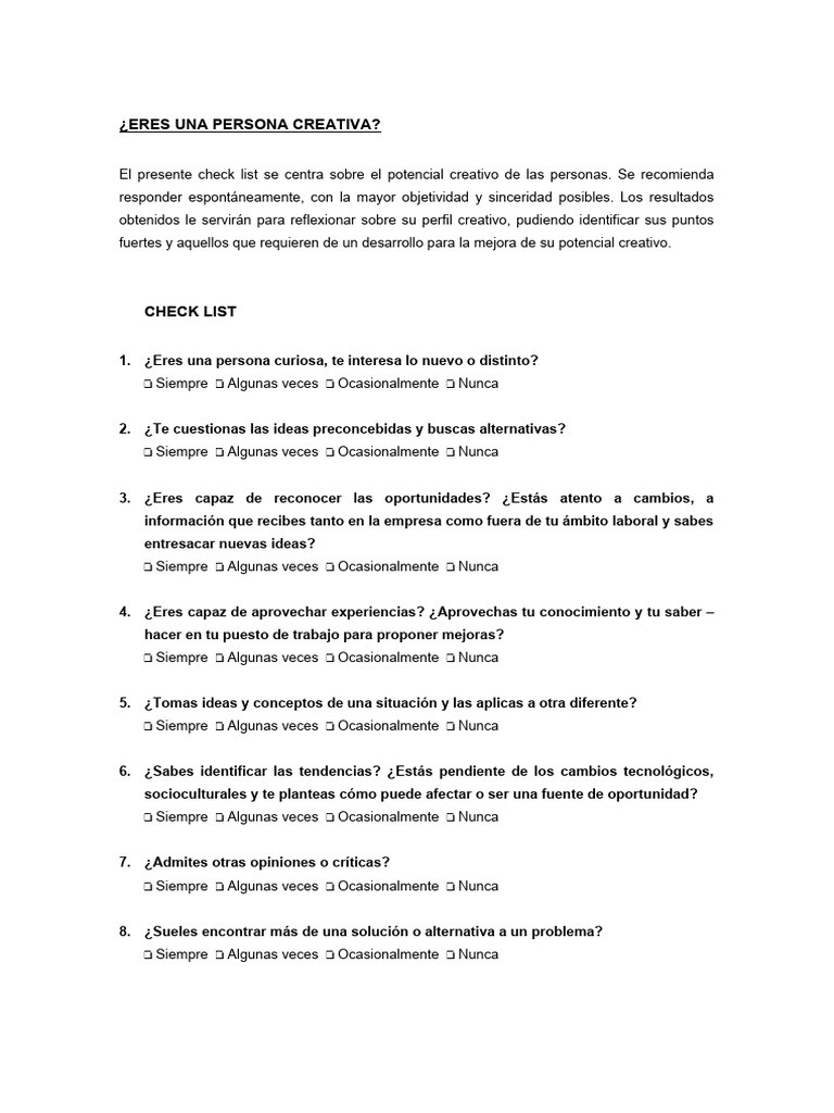 Check-List Eres Persona Creativa | PDF | Crecimiento personal y profesional