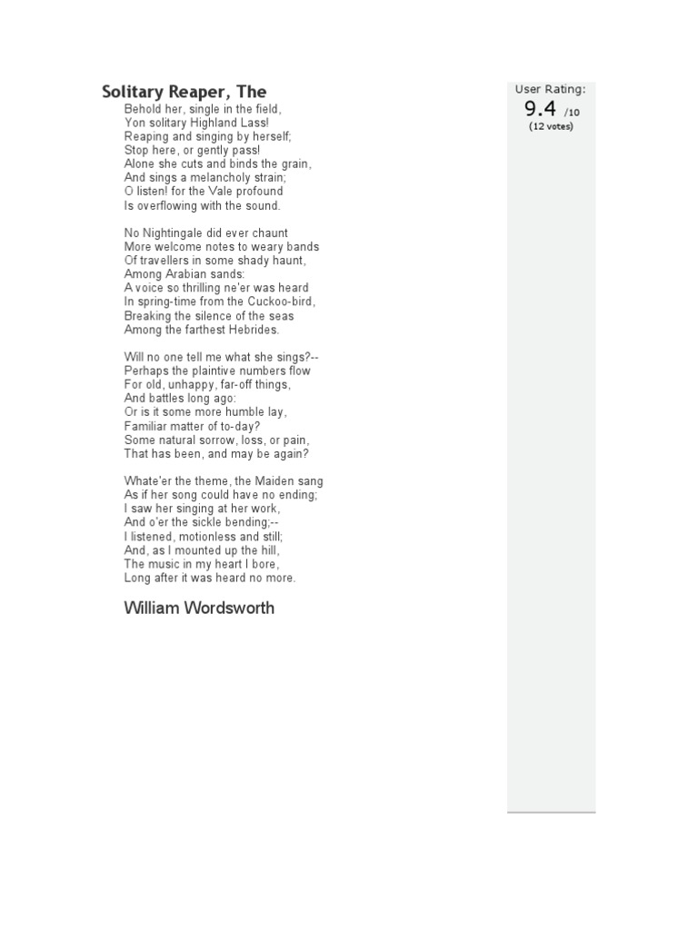 The Solitary Reaper Poem Analysis | PDF | Language Arts & Discipline | Art