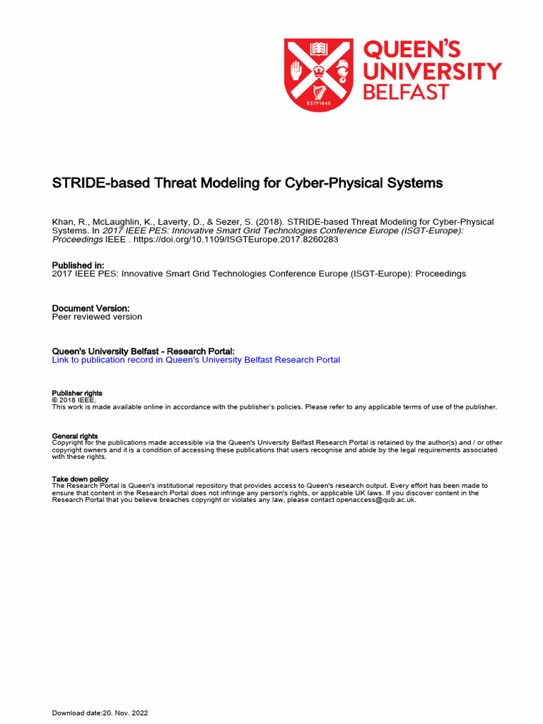 2017 STRIDE Based Threat Modeling For Cyber Physical Systems | PDF