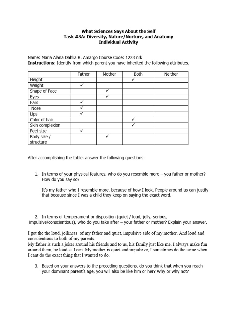 What Sciences Says About The Self Task #3A: Diversity, Nature/Nurture ...
